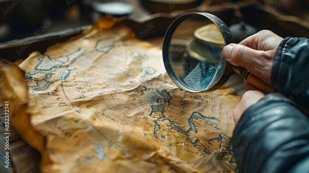 A close-up of a hand holding a magnifying glass over a detailed map ...