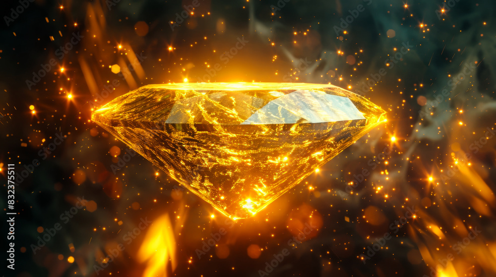 Golden cut diamond on a dark background. The golden diamond disappears ...