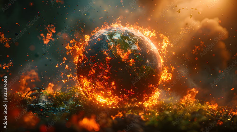 earth globe collapse burning destroyed by fire conceptual illustration of global warming caused ...