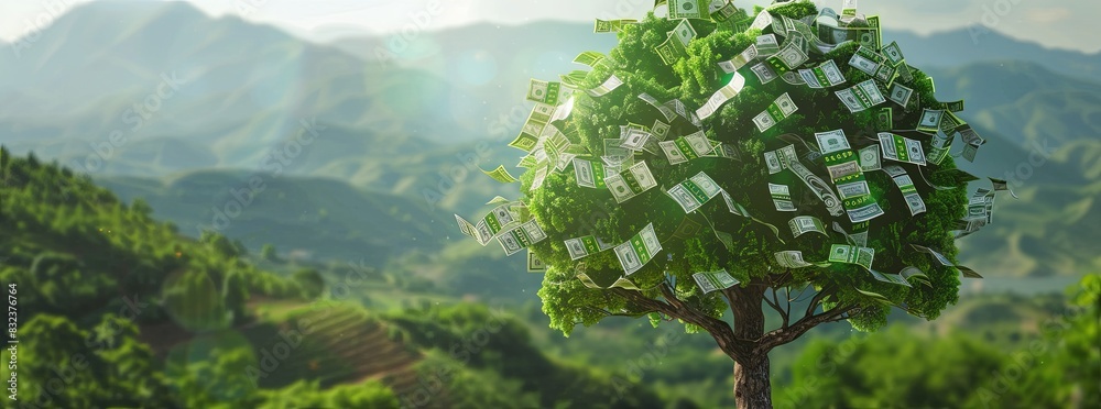 A tree with branches made of currency symbols and leaves as financial ...