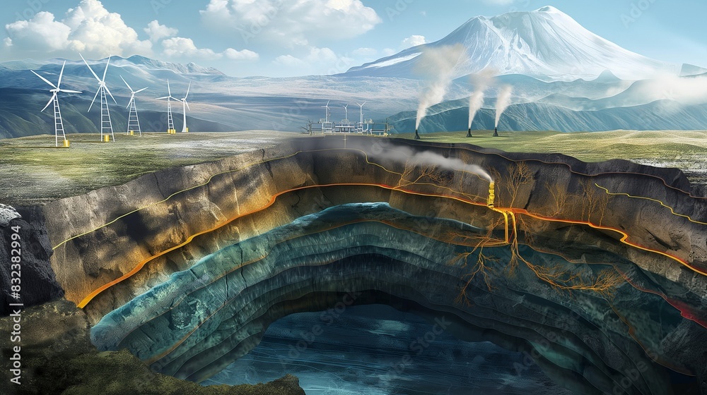 An underground cross-section illustration of geothermal heat being ...