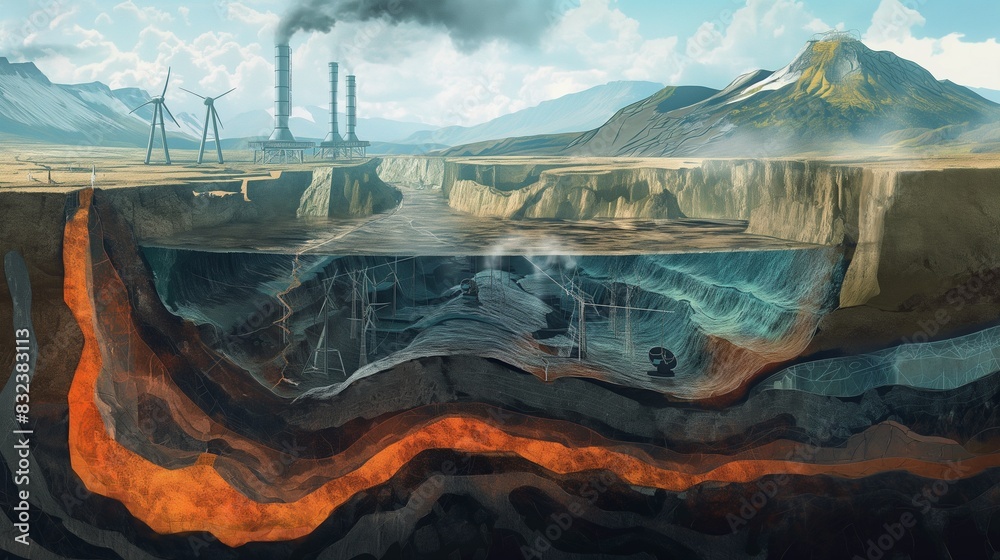 An underground cross-section illustration of geothermal heat being ...