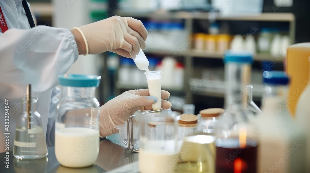 Science banner or background of nutritionist test milk delves quality ...