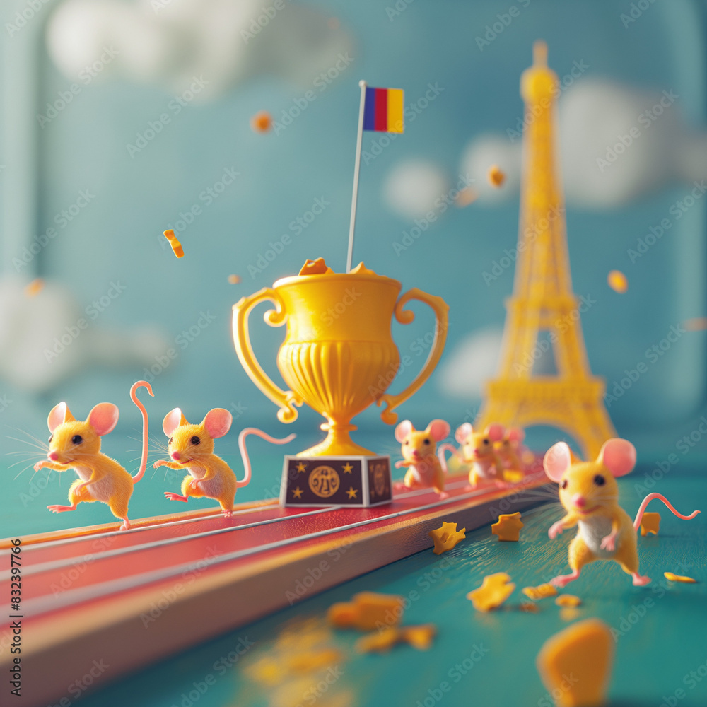 Mice running on a running track, Eiffel Tower made of cheese visible ...