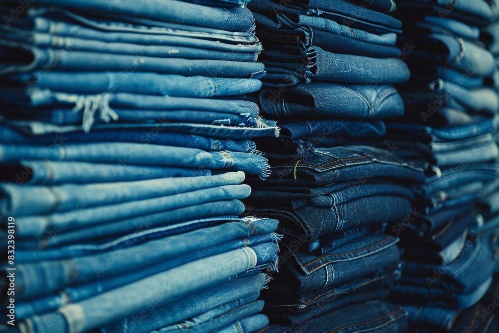 Overview of stacked denim in a factory environment: textile production ...