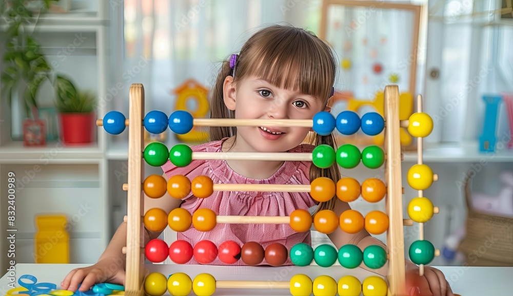 Count. A cute girl playing with wooden abacus. Educational concept for ...