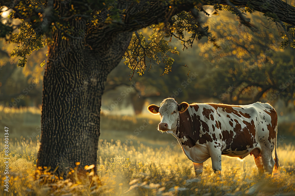 Hyper realistic closeup photo of a dairy cow under a large tree, side ...