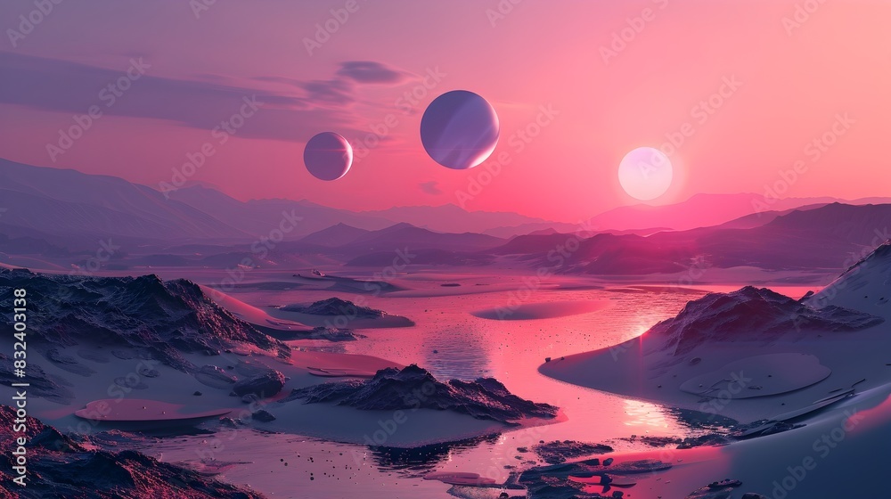 Dual Suns Setting Over an Alien Exotic Landscape, A Sci-Fi World of ...