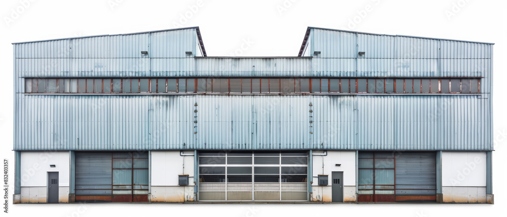 Front view of a large industrial warehouse building with metal siding ...