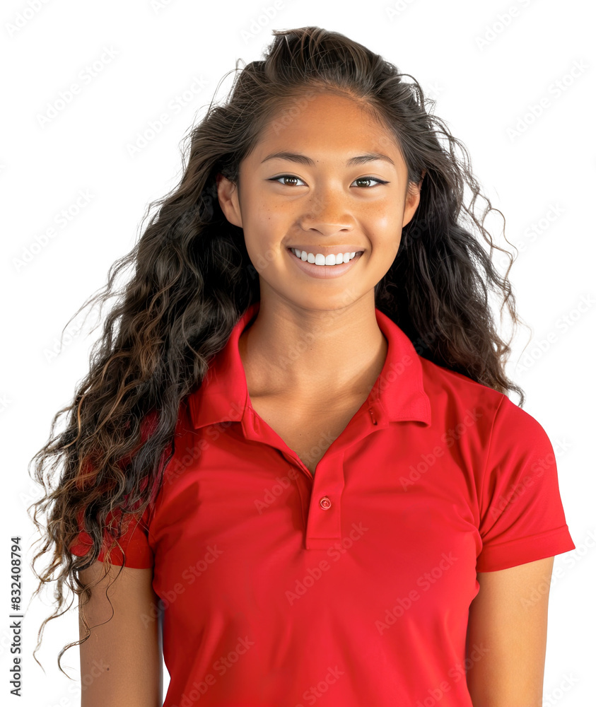 18 year old Pacific Islander woman wearing job uniform with red polo t ...