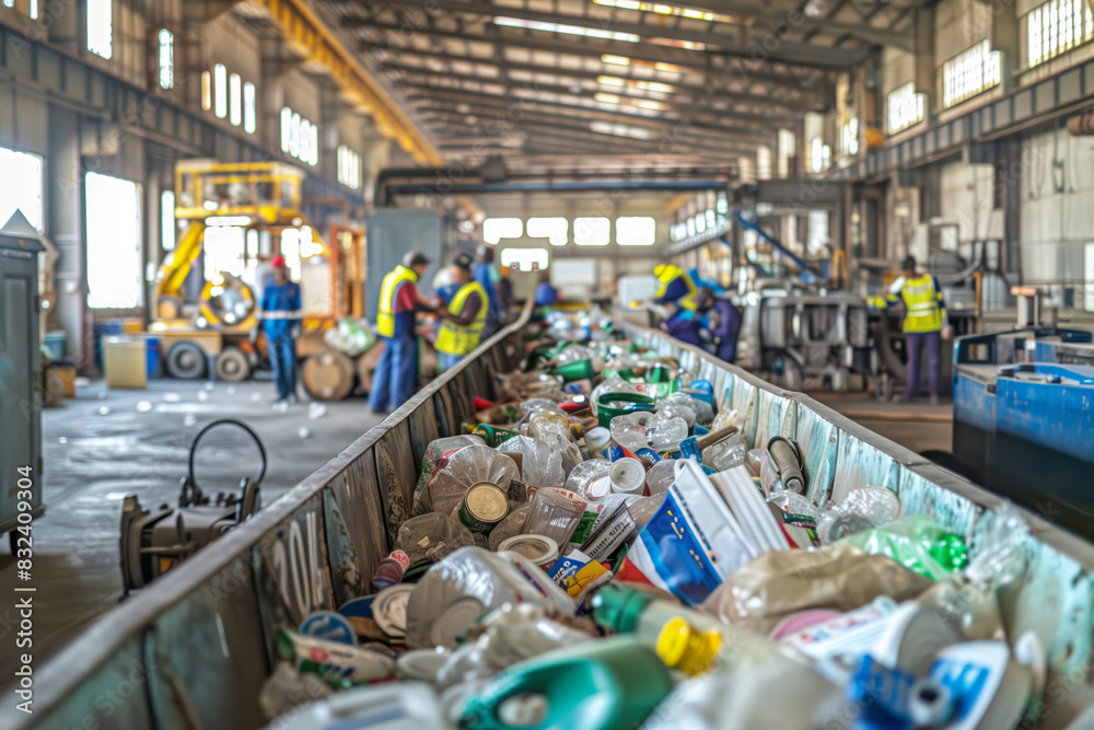 A recycling center, waste sorting facility bustling with activity ...