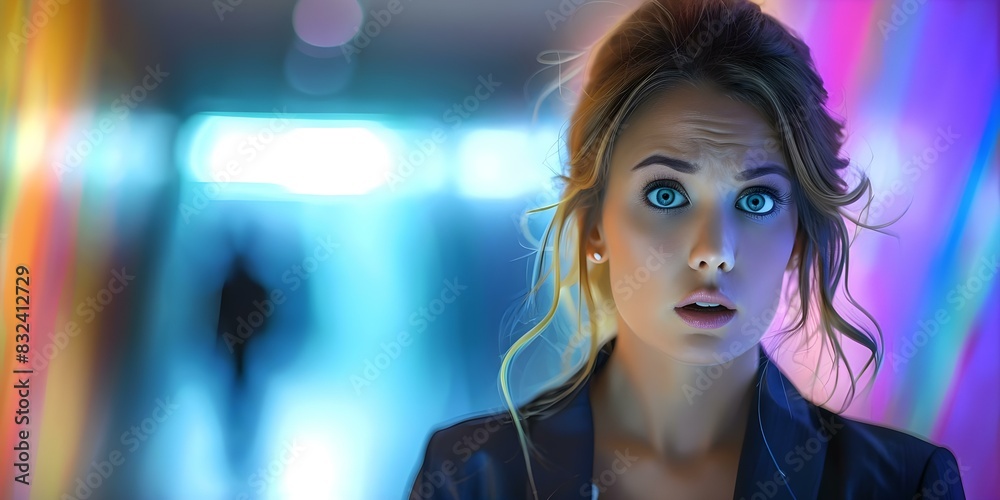 Woman in office hallway looking shocked and overwhelmed in retro style ...