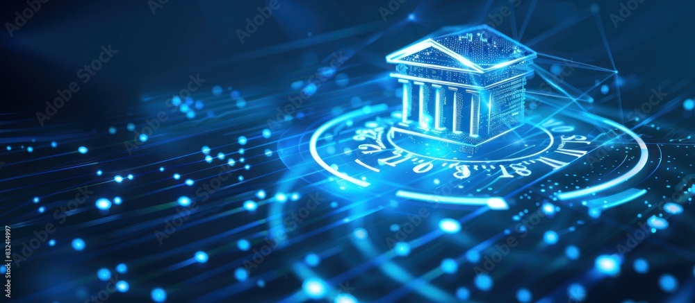 A bank icon on a blue background with white lines and circles in the ...