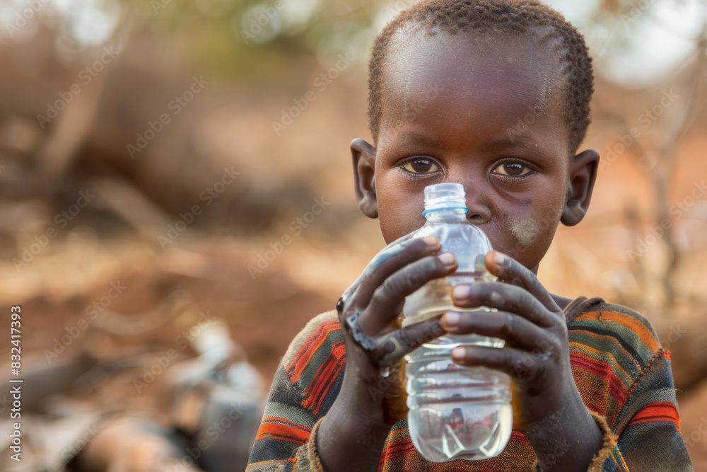 african child boy in Africa drinking clean water from plastic bottle ...