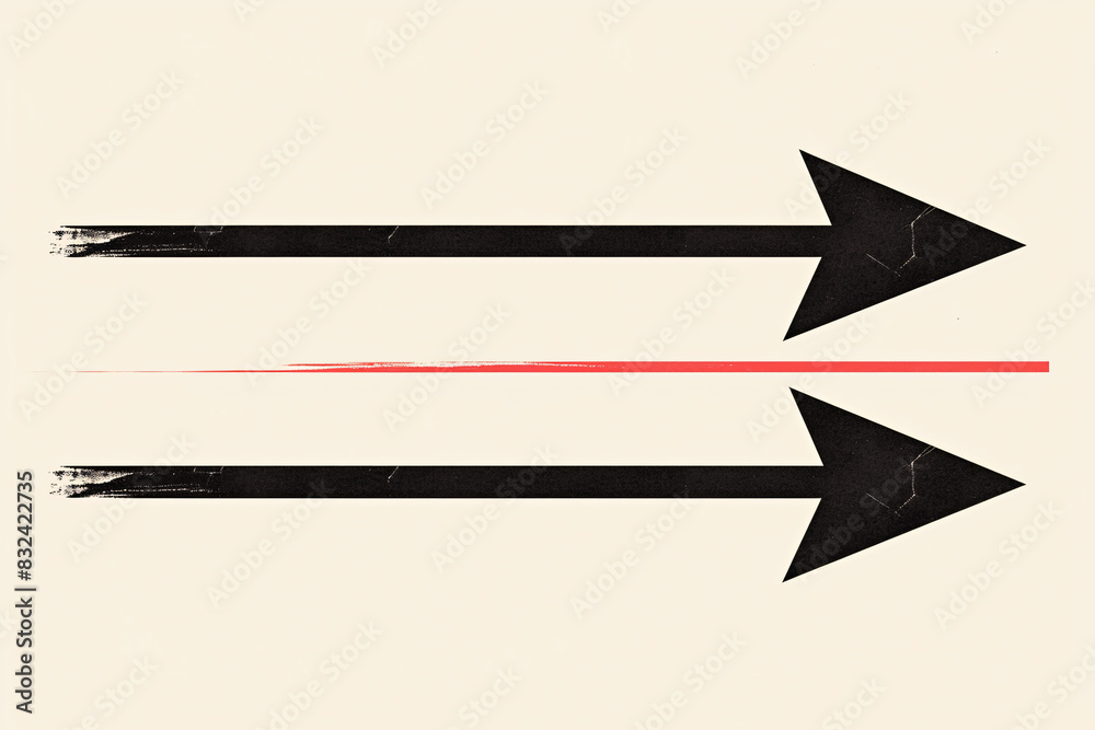 Two black arrows pointing right with a thin red line in between on a ...