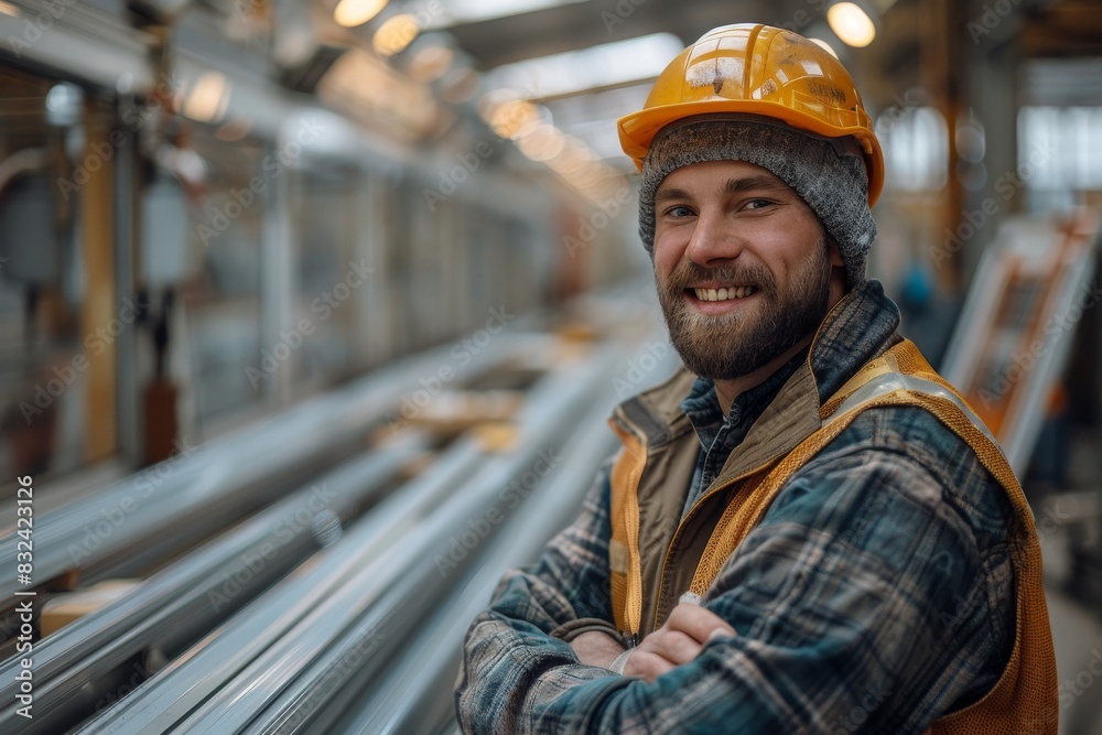 Confident male worker wearing a safety helmet and reflective vest ...