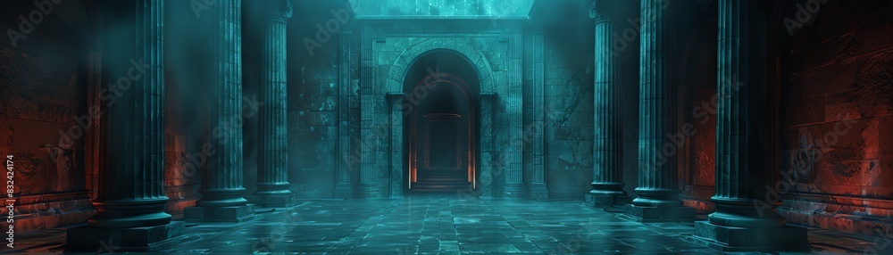 Eerie ancient stone hallway with tall columns, drenched in blue and red ...