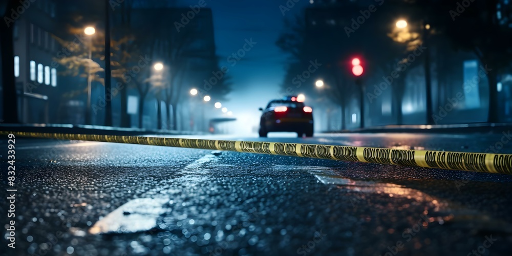 Crime scene tape with police car lights in city street blurred view ...