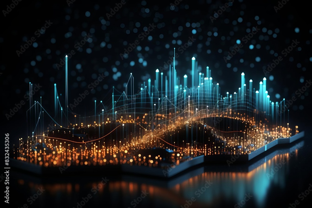 3D graphs with detailed data points and lines. Placed on a dark ...