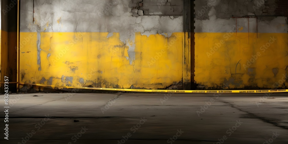 Enhance crime scene with yellow police tape against concrete wall using ...