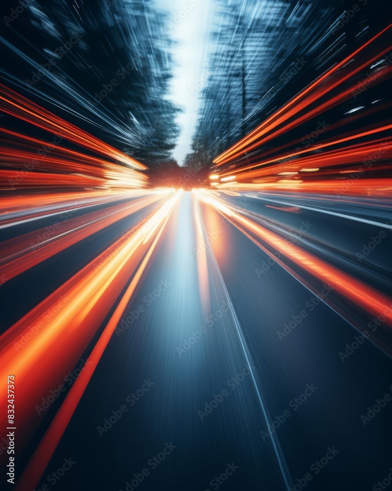 Fastmoving car tail lights forming streaks on a dark road close up ...