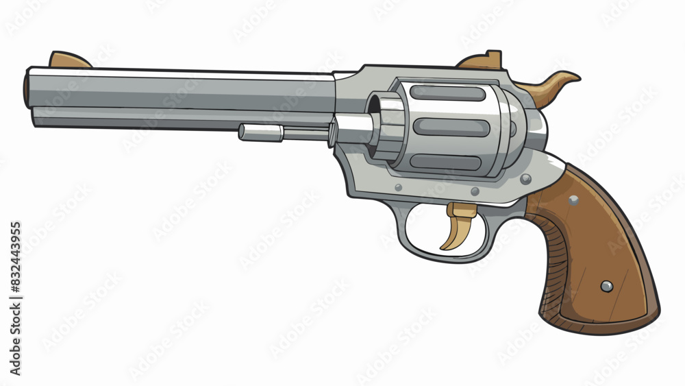 A sixshooter revolver This gun features a long silver barrel with a ...