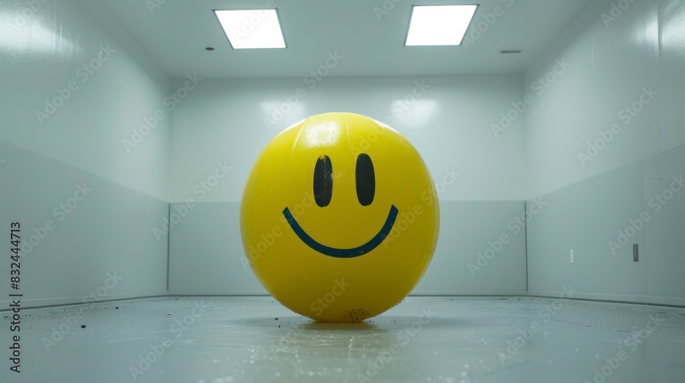 giant yellow ball with a happy face inside a white room in high ...