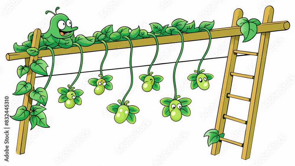 A thick green vine climbing up a trellis supported by sy strings ...