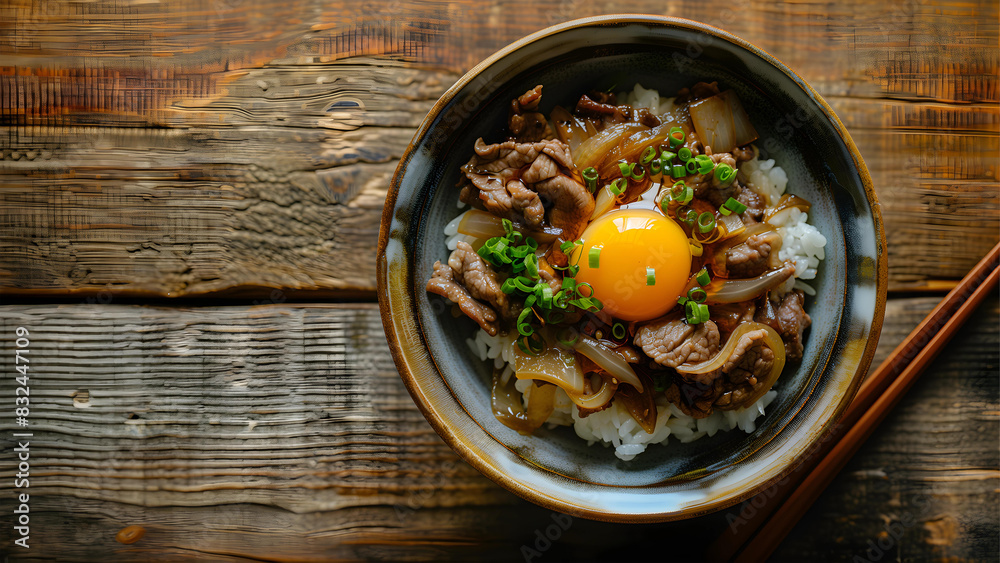 Gyudon in the ceramic bowl, Beef Donburi top view cooked Thinly sliced beef and onions simmered ...