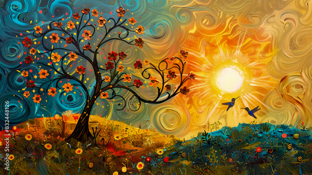 Vibrant Nature-Inspired Painting with Bright Sun, Blue Sky, Colorful ...