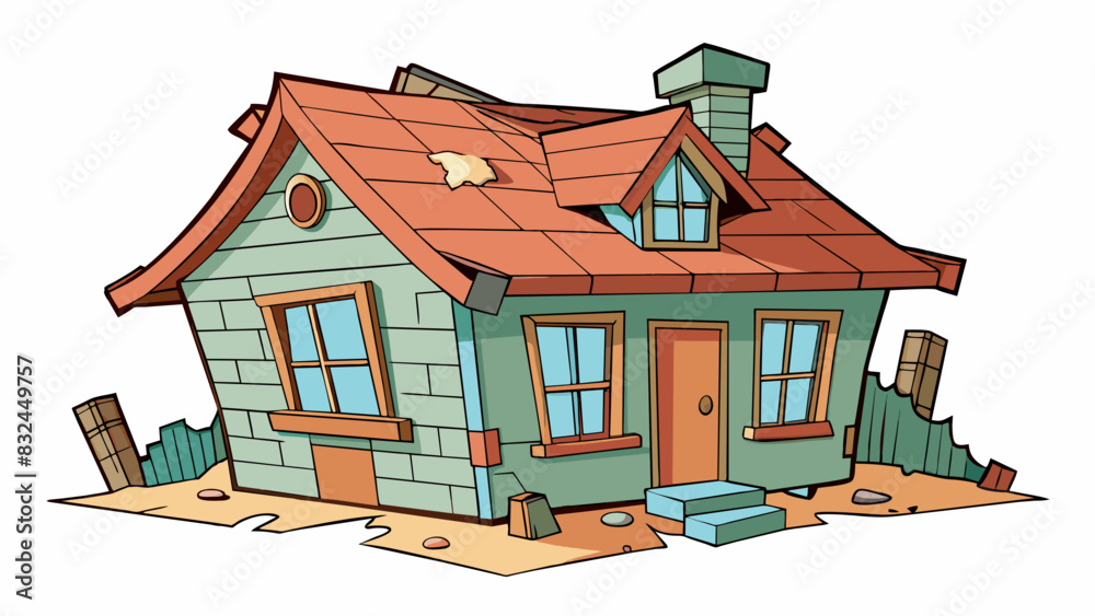 The dilapidated crumbling house had broken windows and a sagging roof a ...