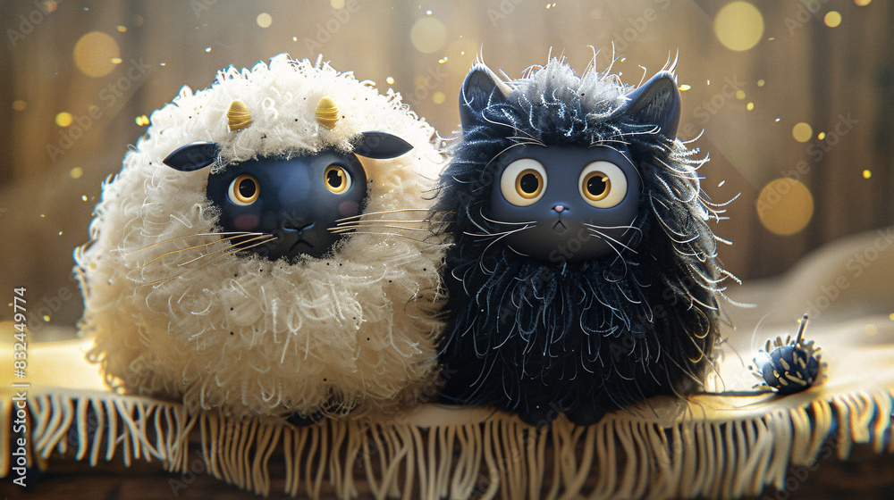 Cartoon sheep and kitten with lovely textures and gold accents ...