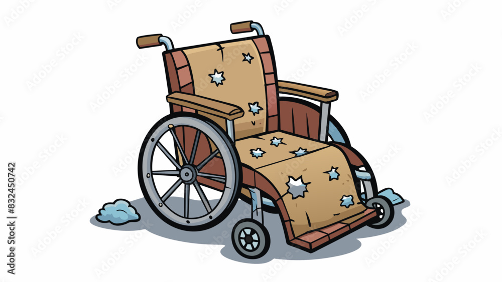 The old squeaky wheelchair with wornout wheels and torn upholstery a ...