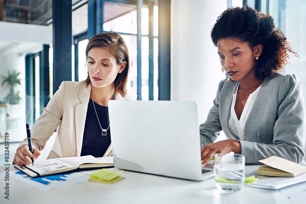 Laptop, paperwork and women in office together for research, teamwork ...