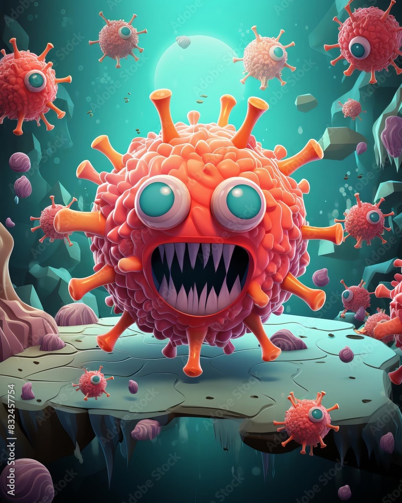 Front view of a 3D model showing a drug attacking a cancer cell Stock ...