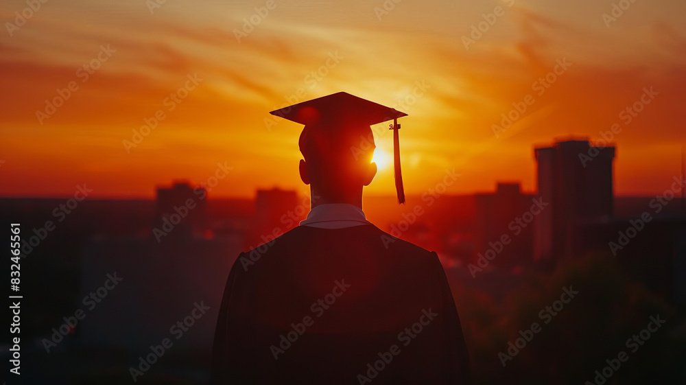 Graduating male student from behind with sunrise backdrop, close up ...