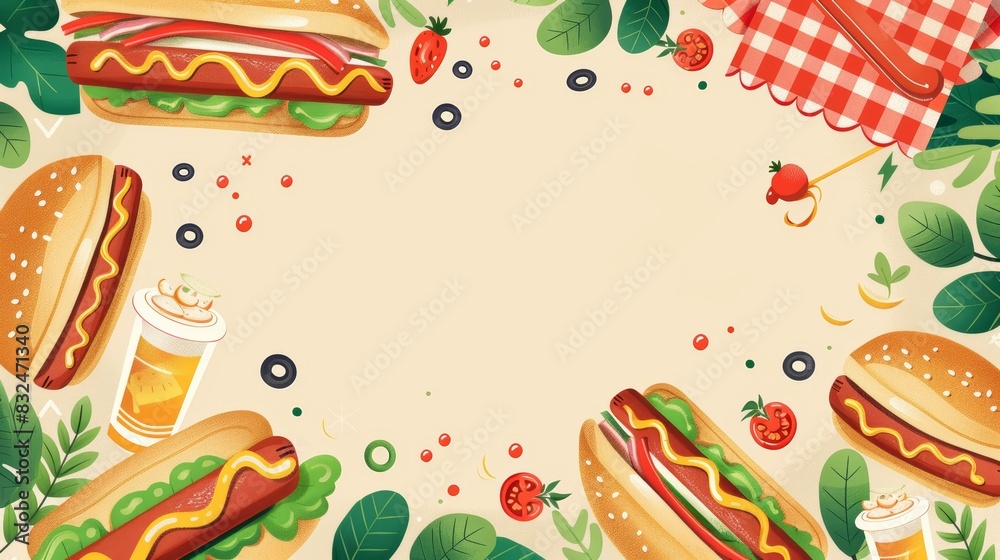A colorful summer picnic scene with hot dogs, juice, fruit and a ...