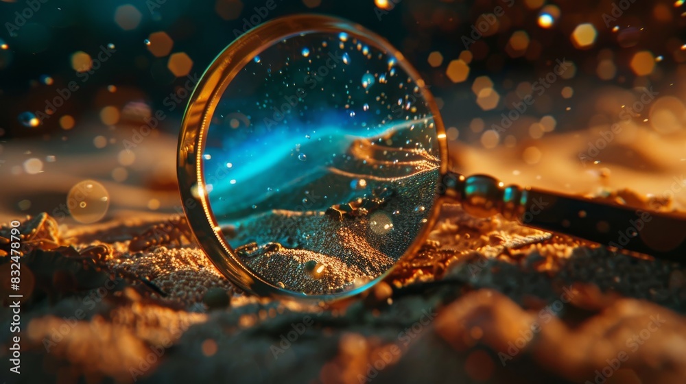 Magnifying glass with blue and gold glitter background for design and ...