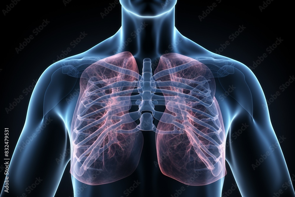 3D render male chest x-ray showing advanced lung cancer, overhead light ...