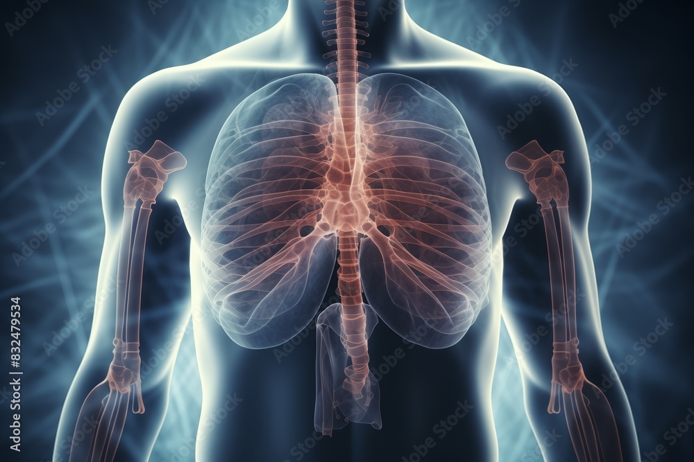 3D render male chest x-ray showing advanced lung cancer, overhead light ...