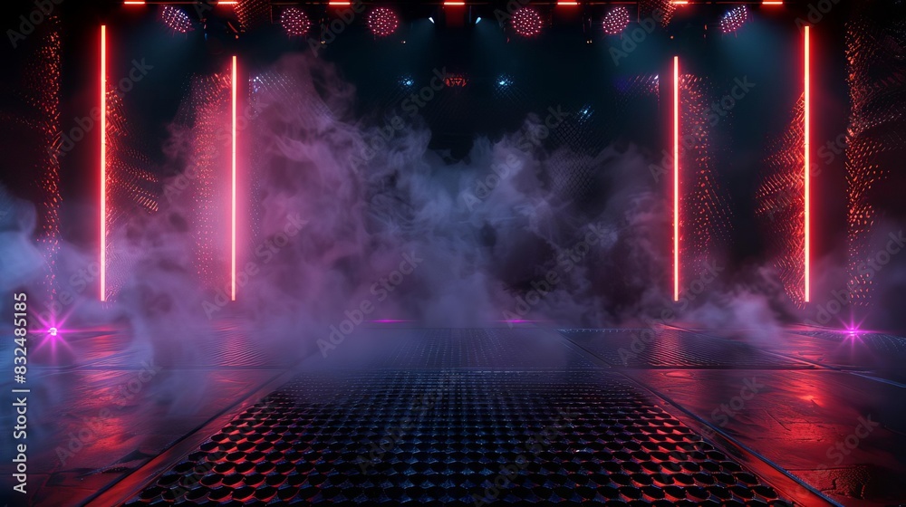 dark stage with neon light spotlights and smoke black diamond plate ...