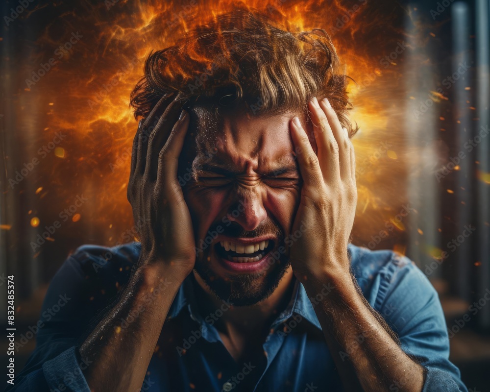 Person in agony with hands on temples, showing signs of a severe ...
