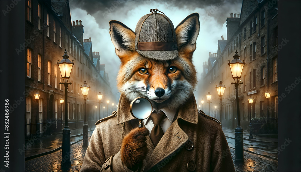 Detective Fox in Trench Coat and Deerstalker Hat with Magnifying Glass ...