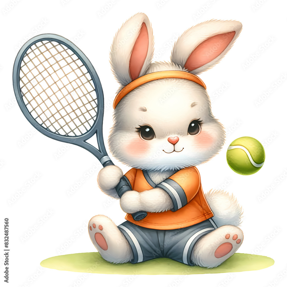 Cute cartoon bunny in tennis outfit holding a racket, sitting with a ...
