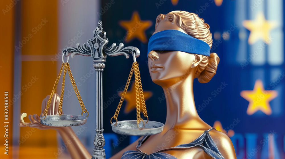 a statue of Lady Justice with a blindfold in the colors of the European ...