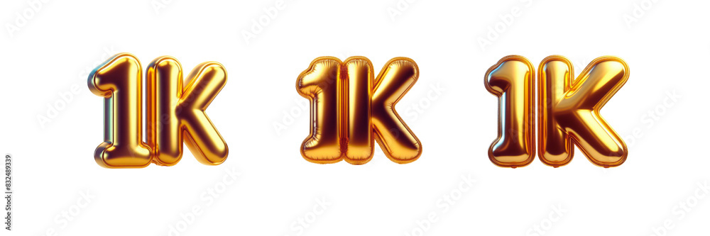 Set of golden balloon text of 1k number, isolated over on transparent ...