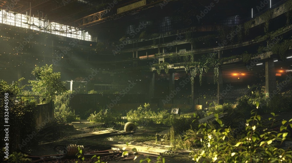 Achievement medal shining on empty, overgrown stadium, post-apocalyptic ...