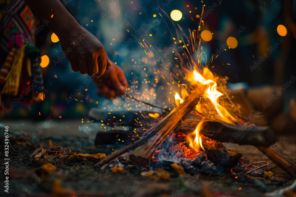 Person tending a bonfire, with blurred festival lights in the ...
