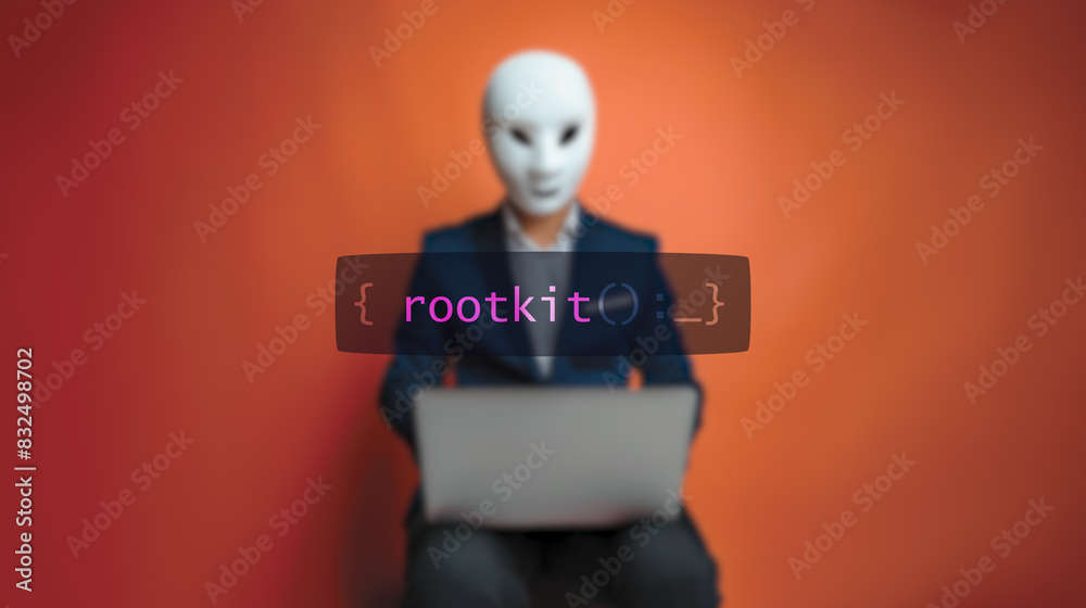 Cybersecurity concept rootkit on foreground screen, hacker silhouette hidden with low poly style ...
