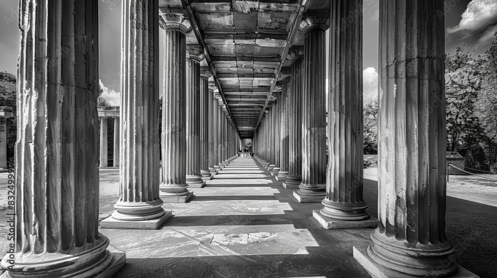 majestic row of classical greek columns in black and white ...